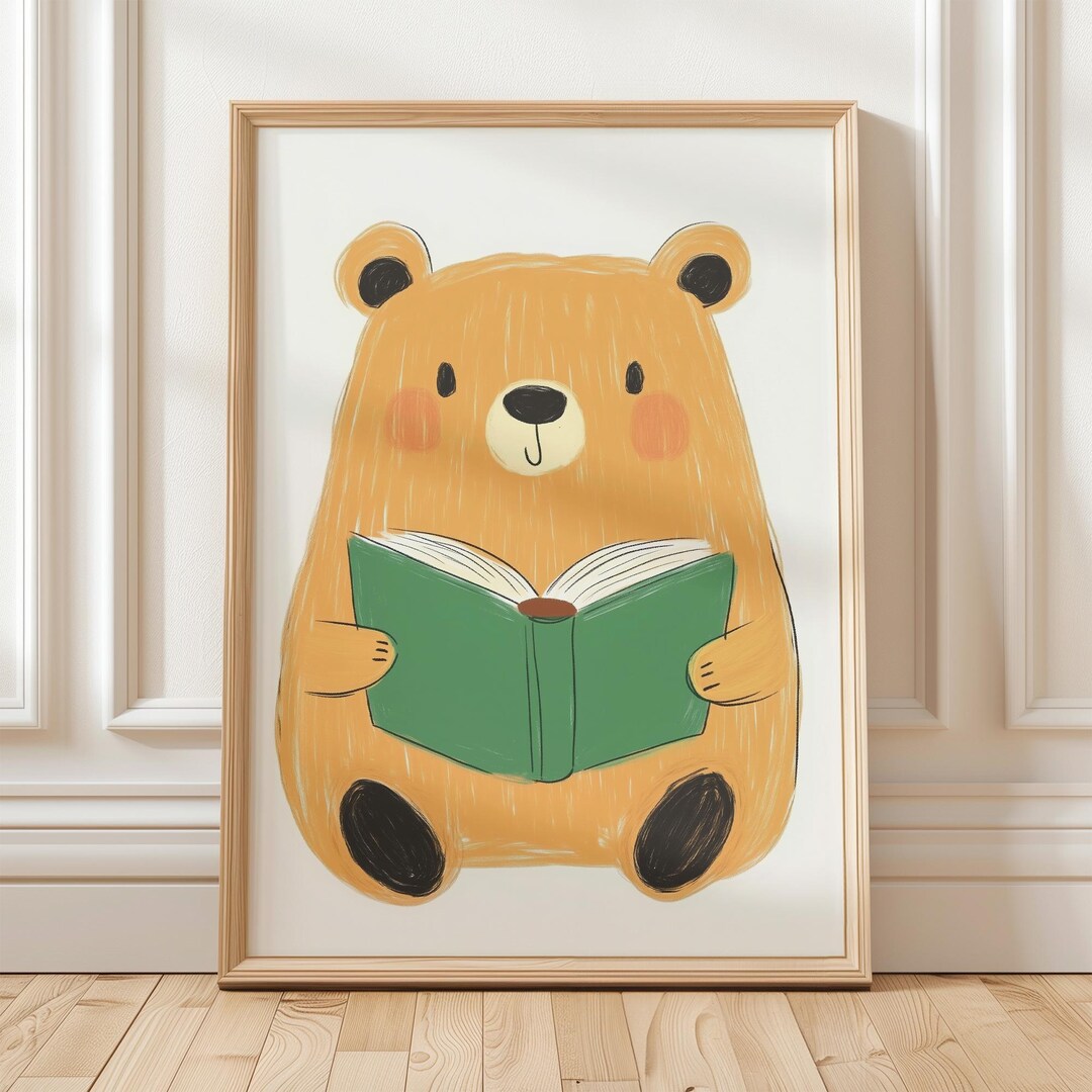 Reading Bear Nursery Wall Art, Cute Animal Print for Kids Room, Book ...