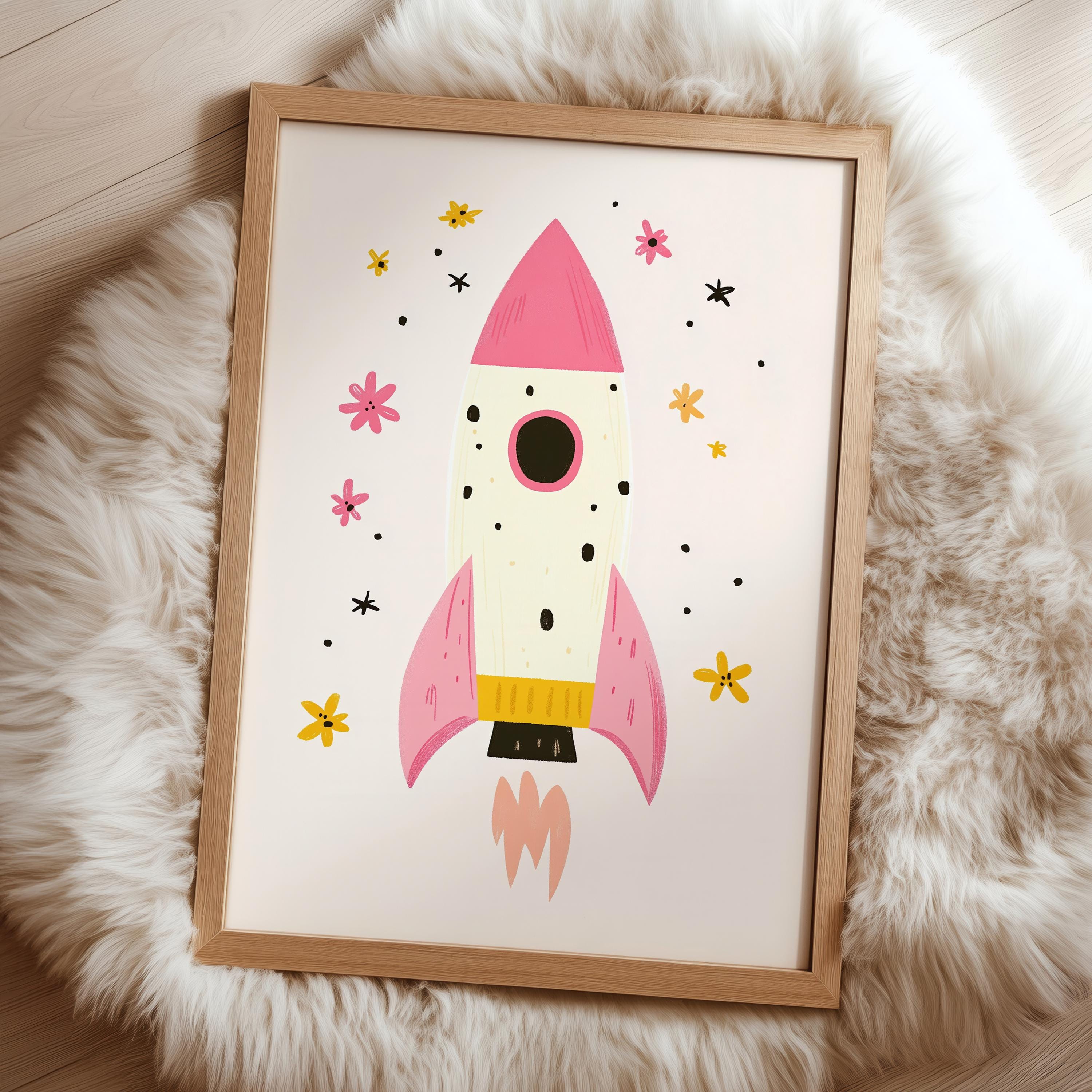 Pink Rocket Ship Wall Art, Space Theme Nursery Print, Cute Outer Space ...
