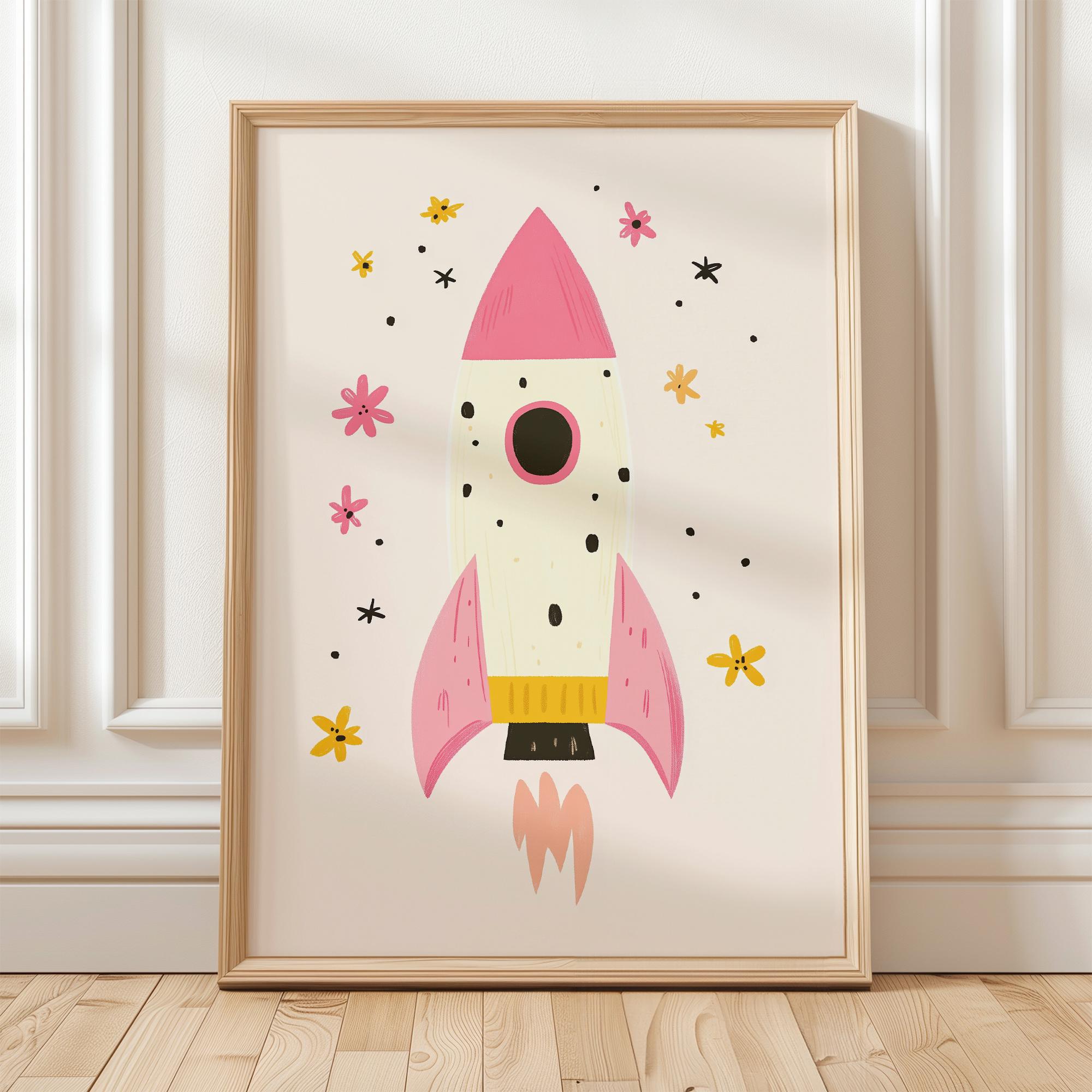 Pink Rocket Ship Wall Art, Space Theme Nursery Print, Cute Outer Space ...