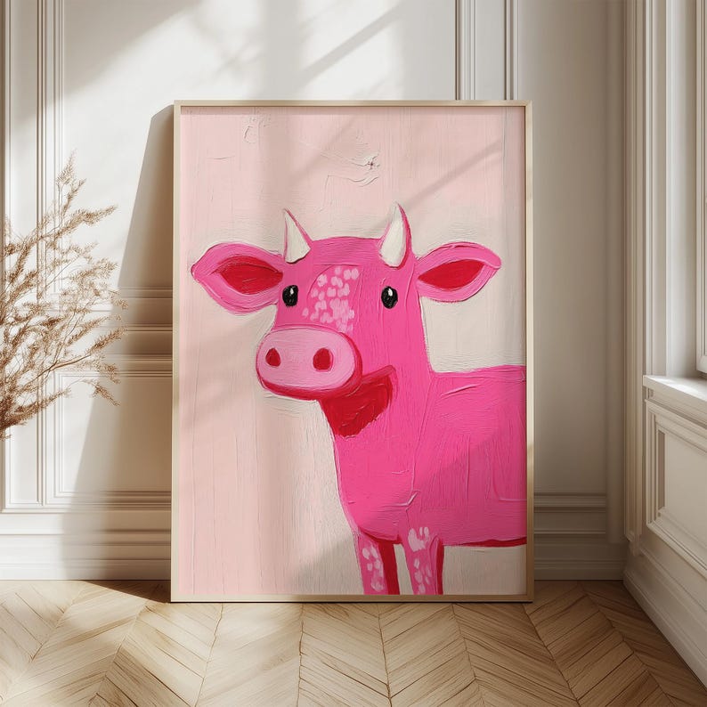 Pink Cow Wall Art Cute Farm Animal Painting Kids Room Decor Colorful ...