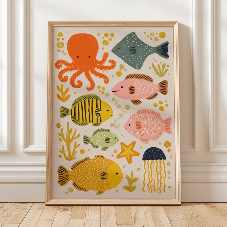 Ocean Animal Nursery Wall Art Cute Sea Creatures Print Octopus Fish ...