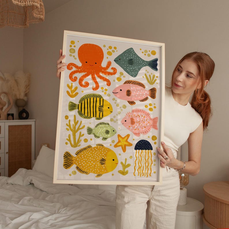 Ocean Animal Nursery Wall Art Cute Sea Creatures Print Octopus Fish ...