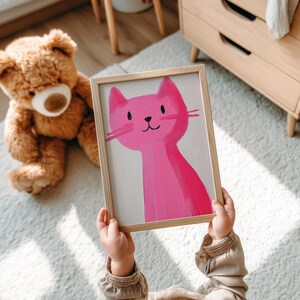 Pink Cat Wall Art Cute Minimal Cat Painting Kids Room Decor Colorful ...