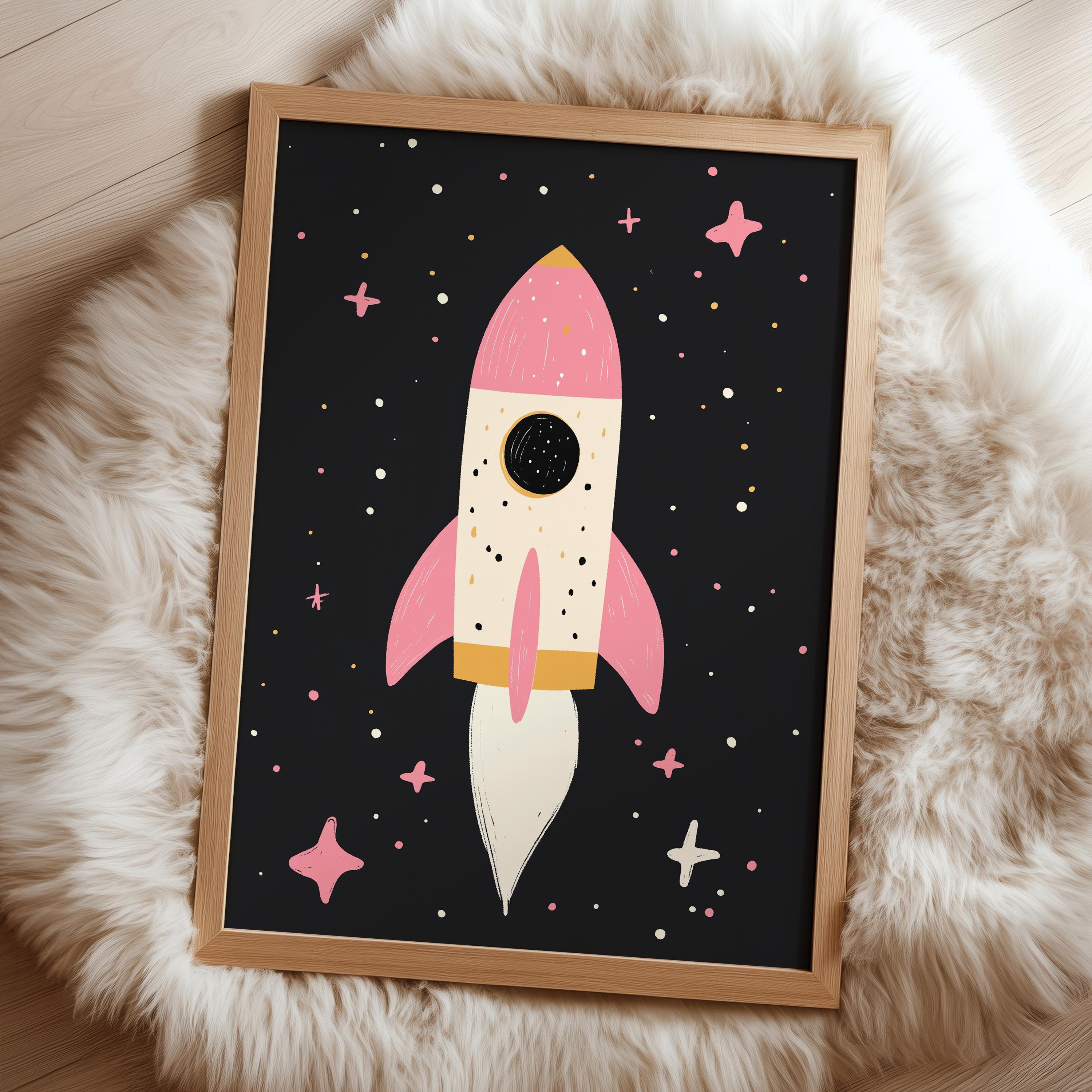 Rocket Wall Art for Kids – Cute Pink Spaceship Print, Outer Space ...
