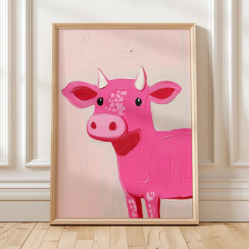 Pink Cow Wall Art Cute Farm Animal Painting Kids Room Decor Colorful ...