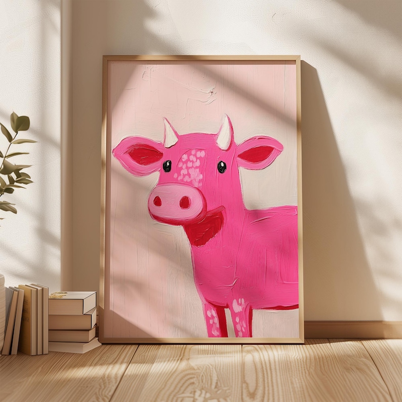 Pink Cow Wall Art Cute Farm Animal Painting Kids Room Decor Colorful ...