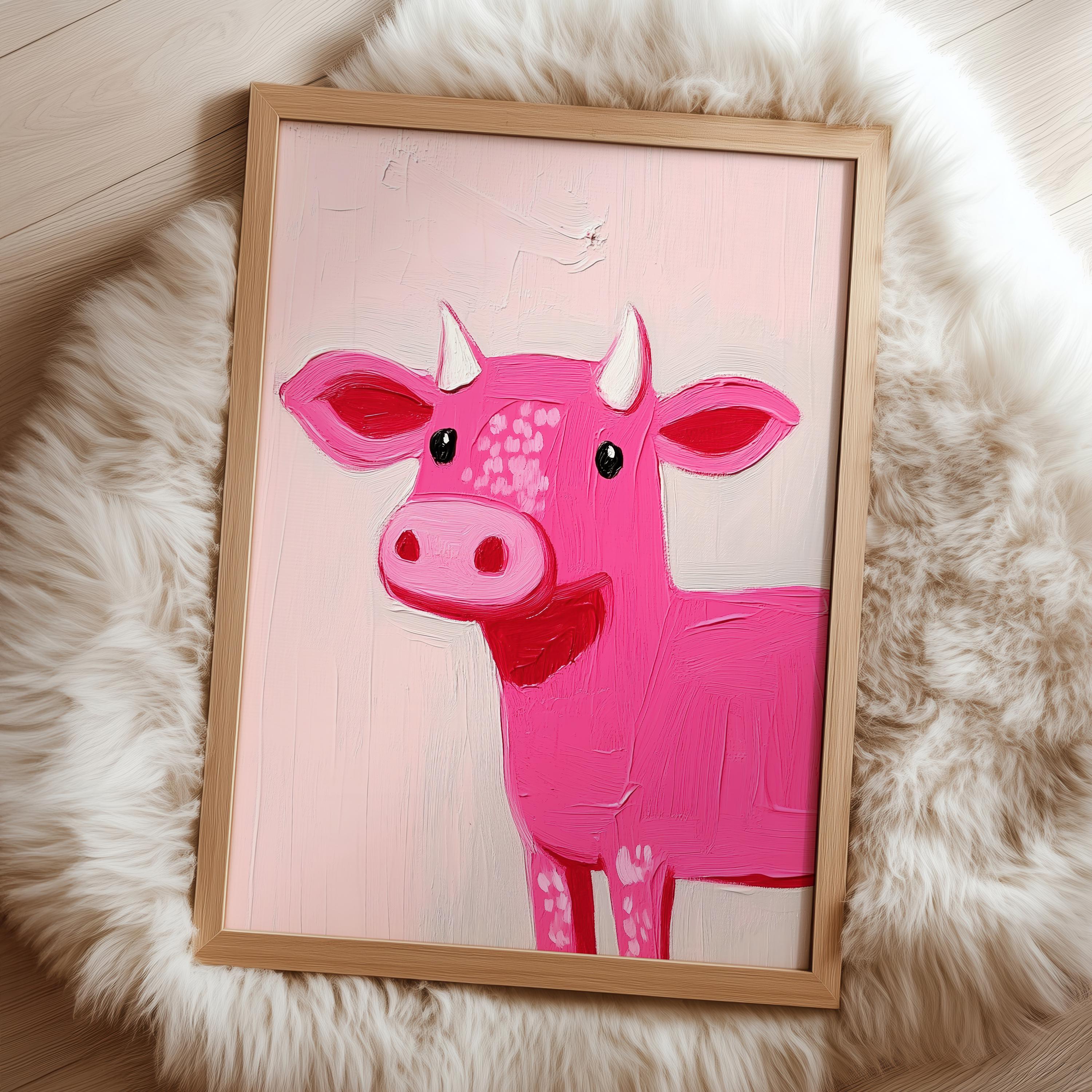Pink Cow Wall Art Cute Farm Animal Painting Kids Room Decor Colorful ...