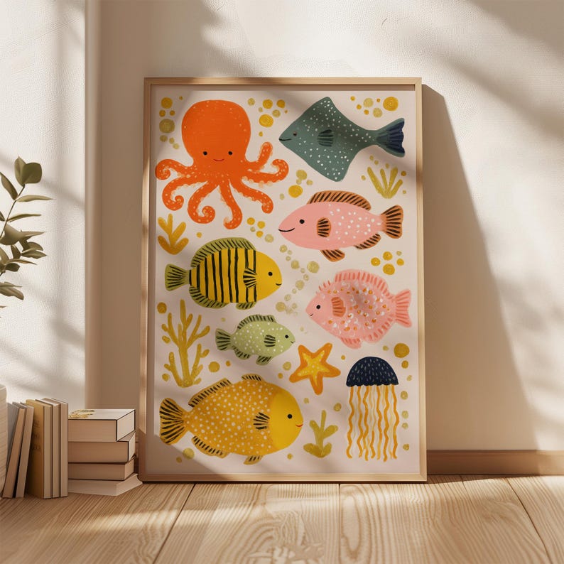 Ocean Animal Nursery Wall Art Cute Sea Creatures Print Octopus Fish ...