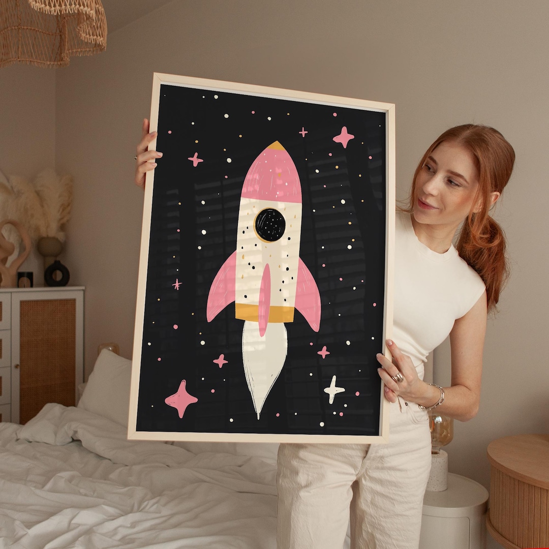 Rocket Wall Art for Kids – Cute Pink Spaceship Print, Outer Space ...