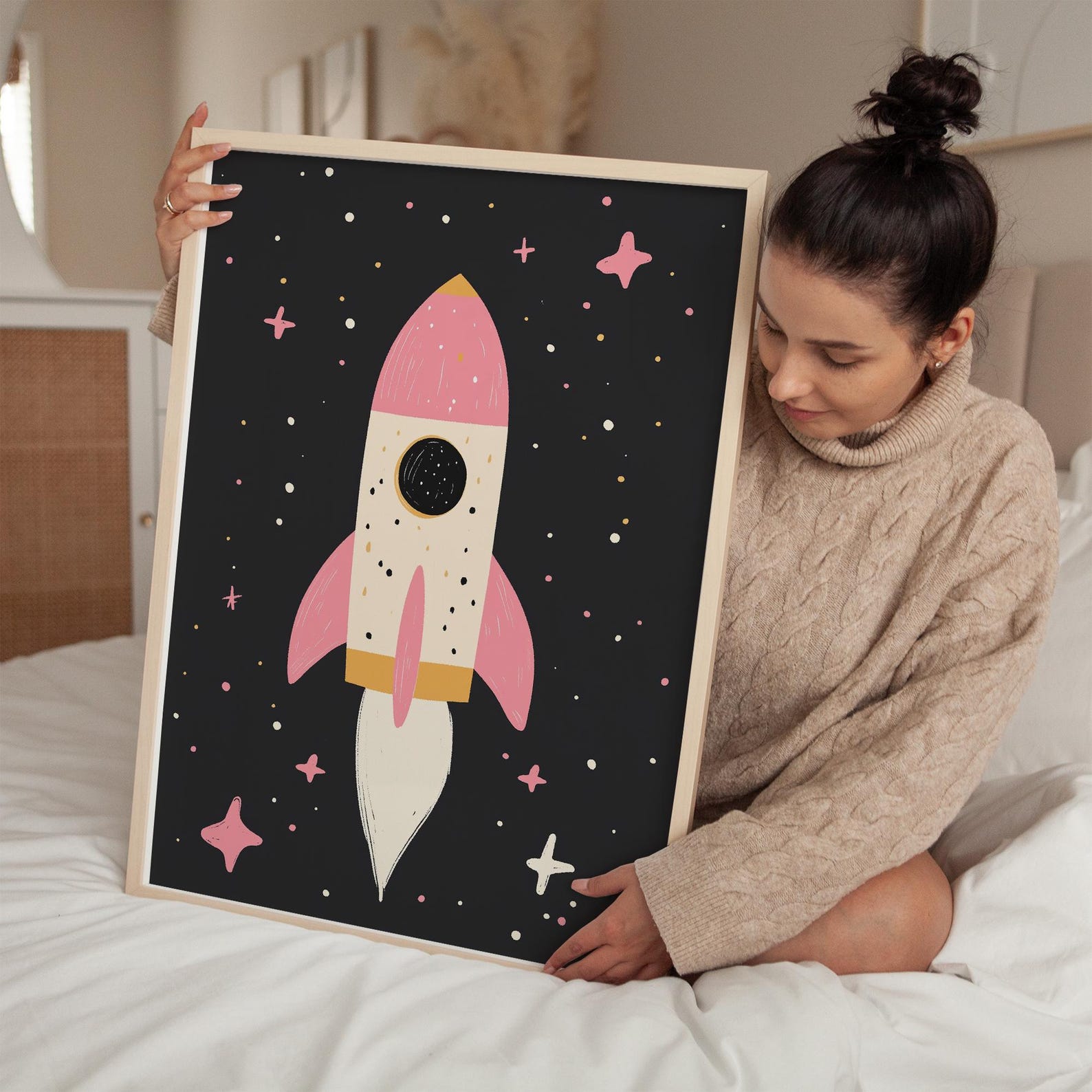 Rocket Wall Art for Kids – Cute Pink Spaceship Print, Outer Space ...