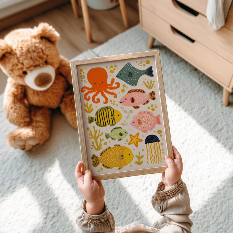 Ocean Animal Nursery Wall Art Cute Sea Creatures Print Octopus Fish ...