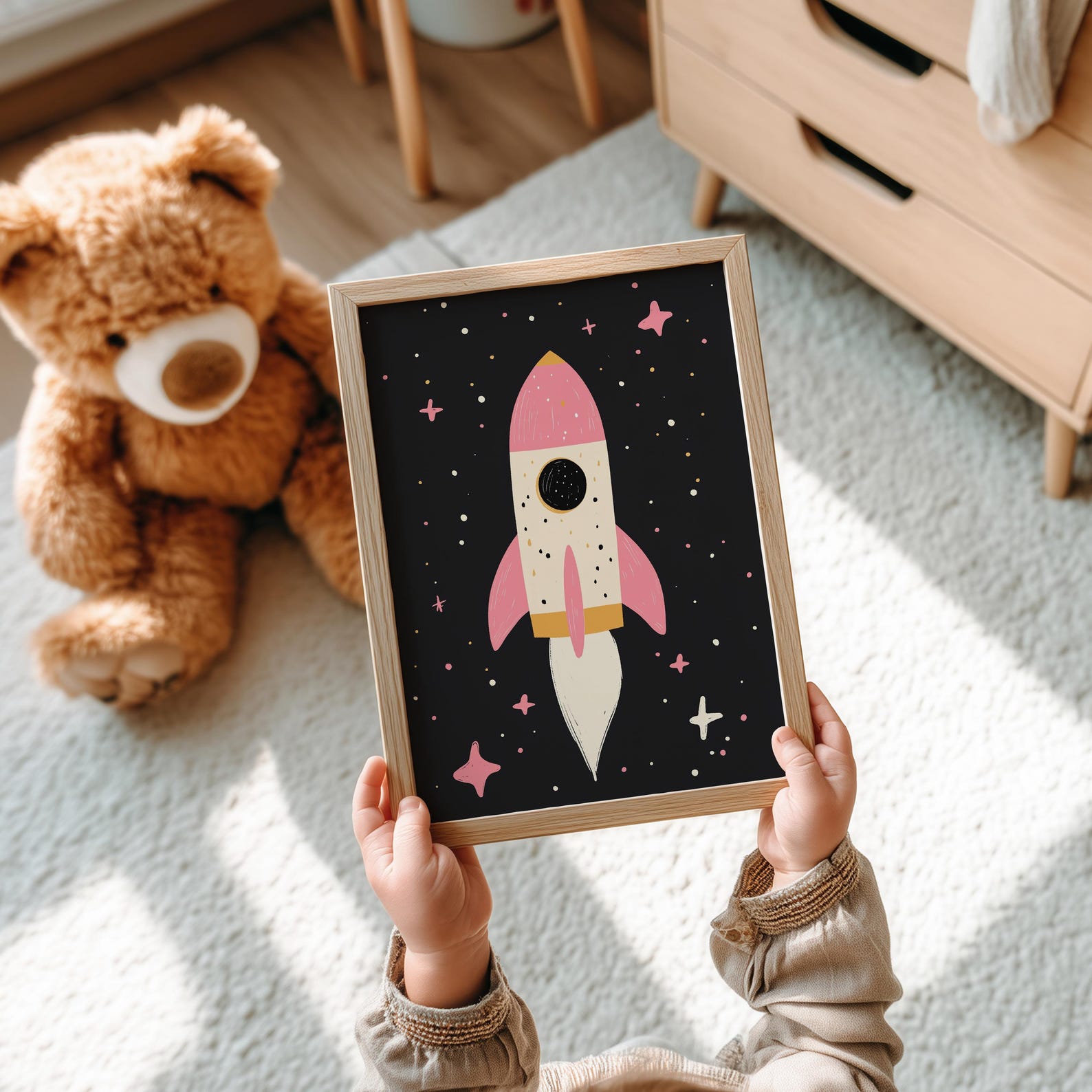 Rocket Wall Art for Kids – Cute Pink Spaceship Print, Outer Space ...