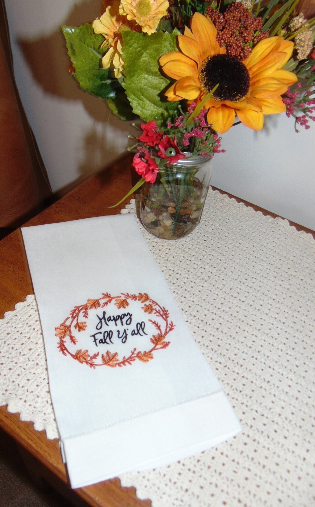 Customizable Embroidered Happy Fall Linen Guest Towel, Autumn Décor ...
