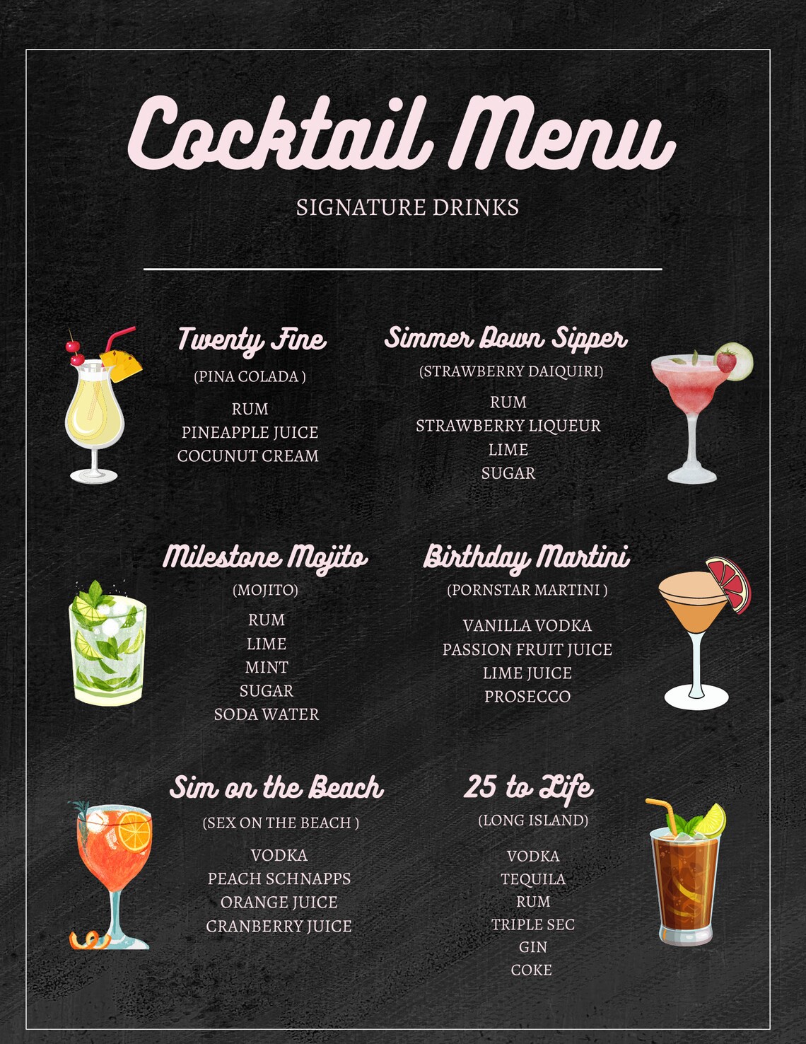 Personalised Cocktail Menu (A4), Modern Editable Drink Menu, Signature ...