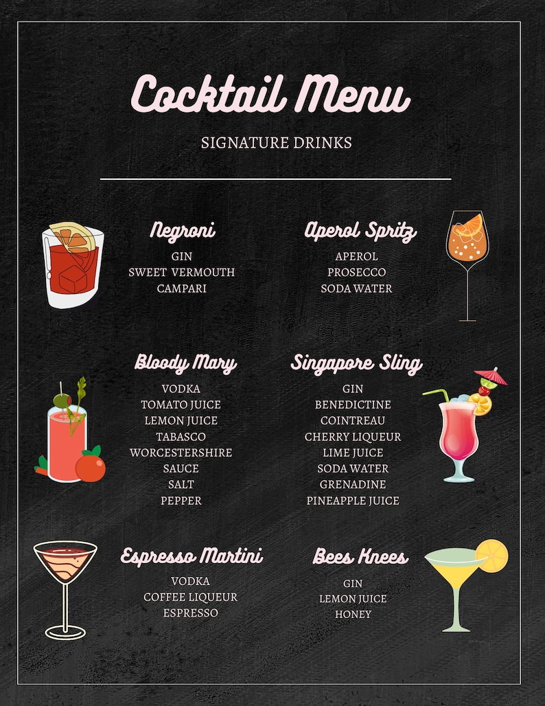 Personalised Cocktail Menu (A4), Modern Editable Drink Menu, Signature ...