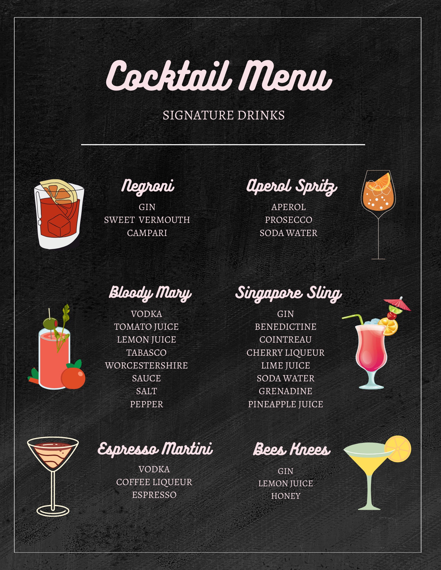 Personalised Cocktail Menu (A4), Modern Editable Drink Menu, Signature ...