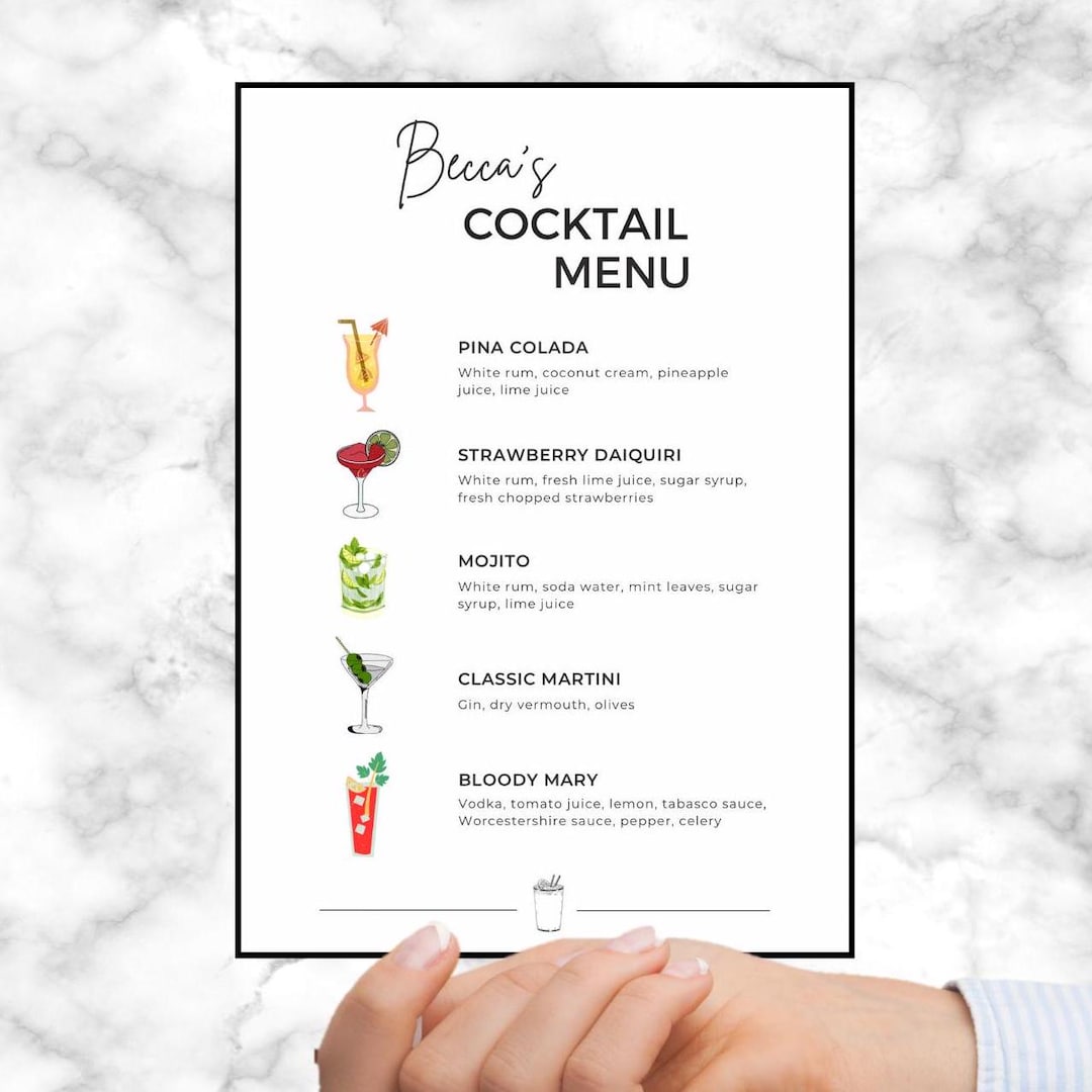 Personalised Cocktail Menu (A5), Modern Editable Drink Menu, Signature ...