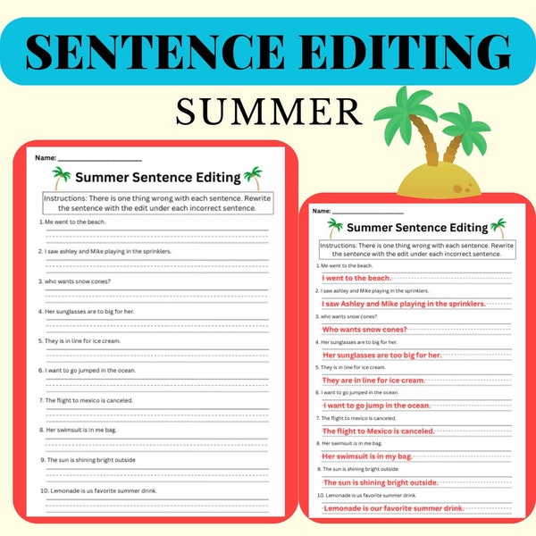 Summer Grammar Worksheets - Etsy