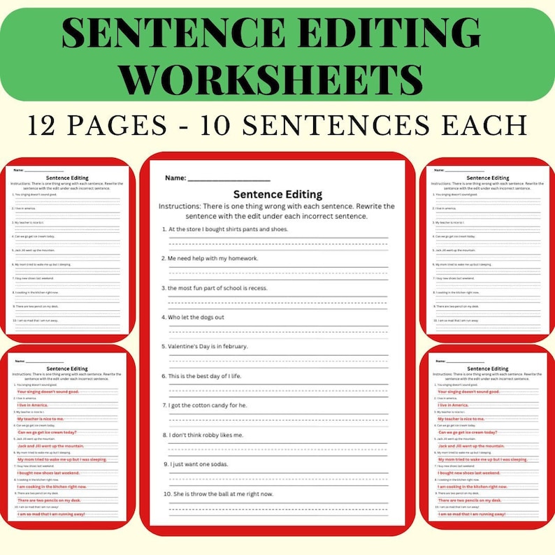 Grammar Editing and Revising Set 12 Worksheets - Etsy