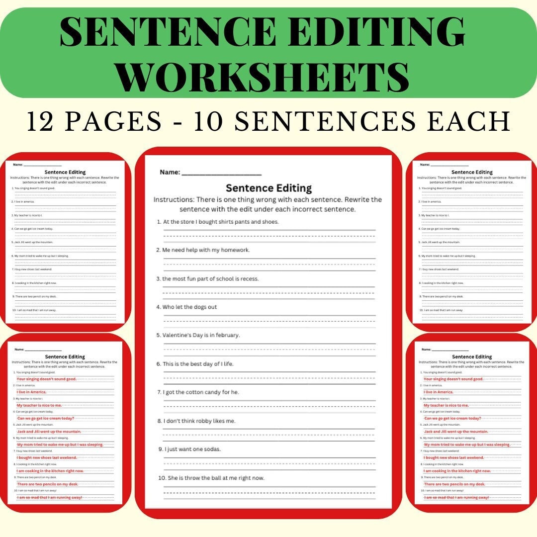 Grammar Editing and Revising Set 12 Worksheets - Etsy