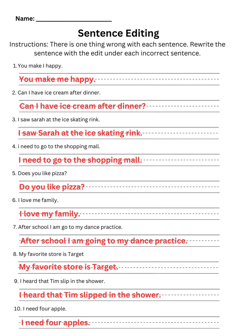 Grammar Editing and Revising Set 12 Worksheets - Etsy
