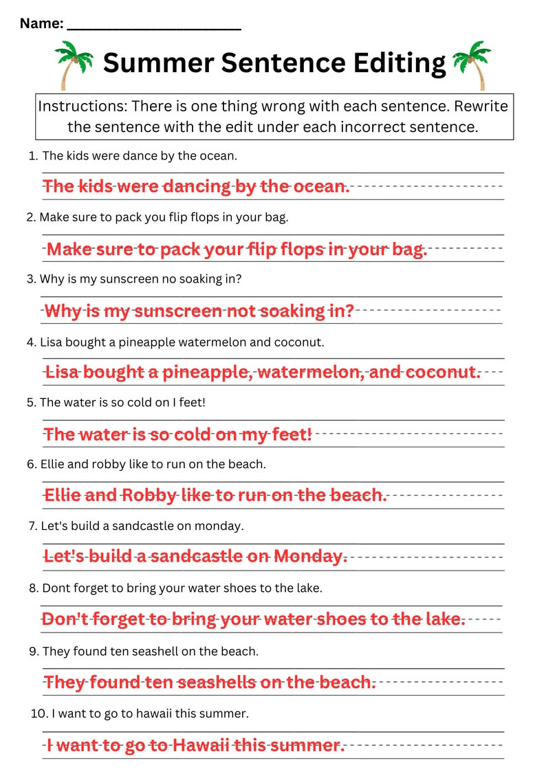 Summer Grammar Sentence Editing and Revising Set 12 Worksheets - Etsy