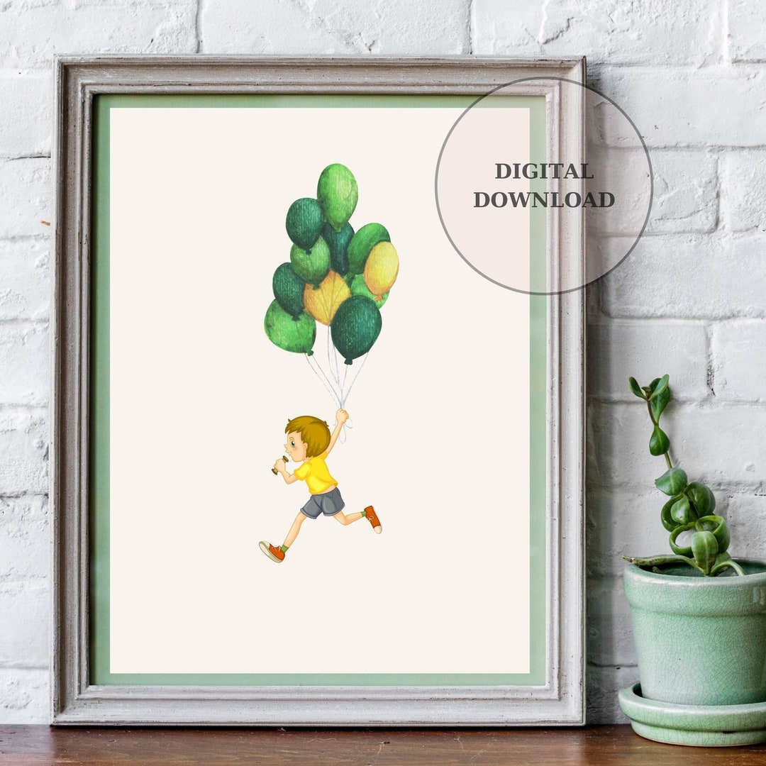 Kid Flying Balloons Illustration, Watercolor Balloons Print, Kids ...