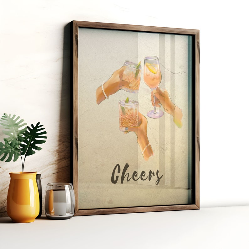 Cheers Sign Cocktail Poster Bar Cart Prints Happy Hour Sign Printable Bar Cart Wall Decor Retro ...