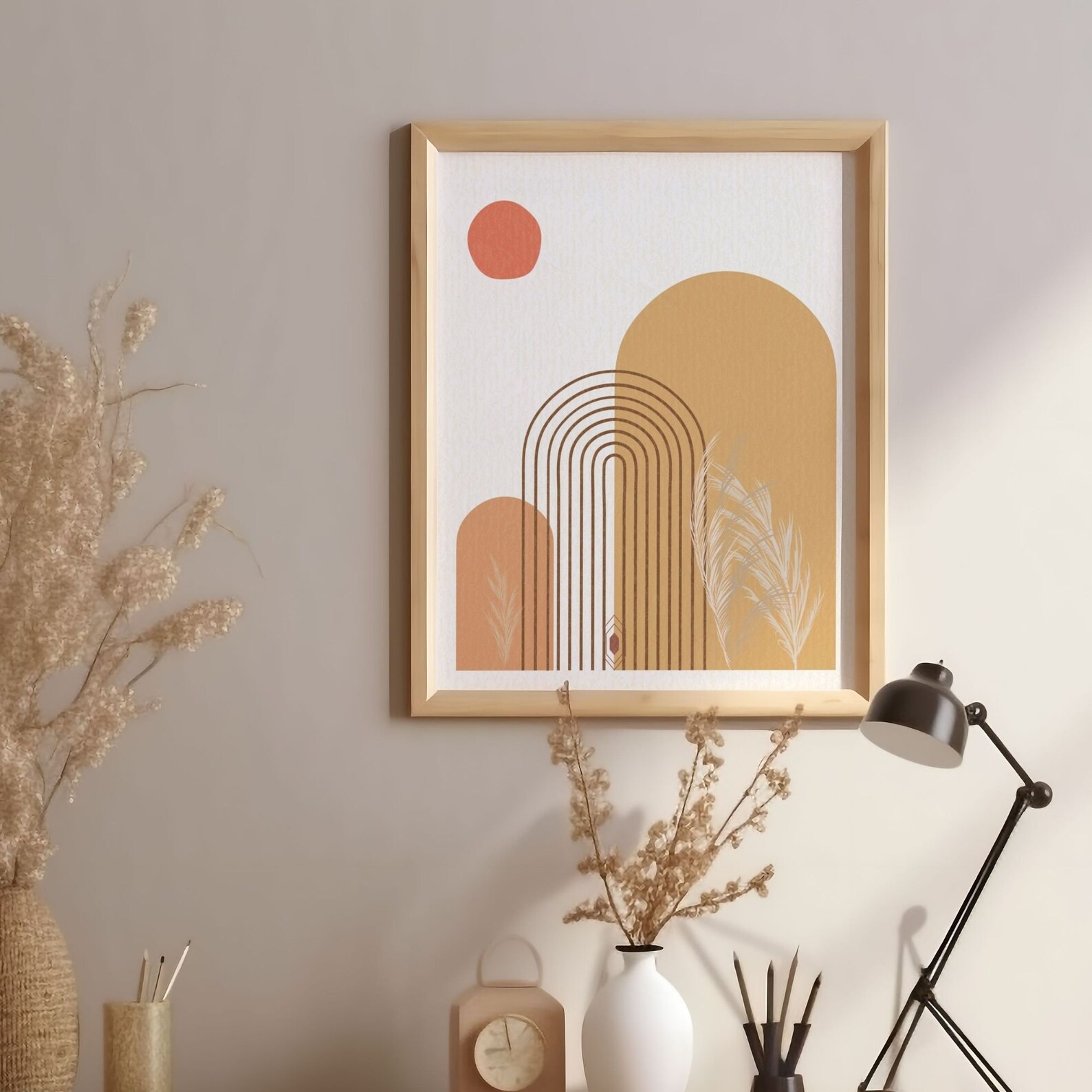 Trendy Boho Set, Mid Century Modern Wall Art, Terracotta Art, Sun ...