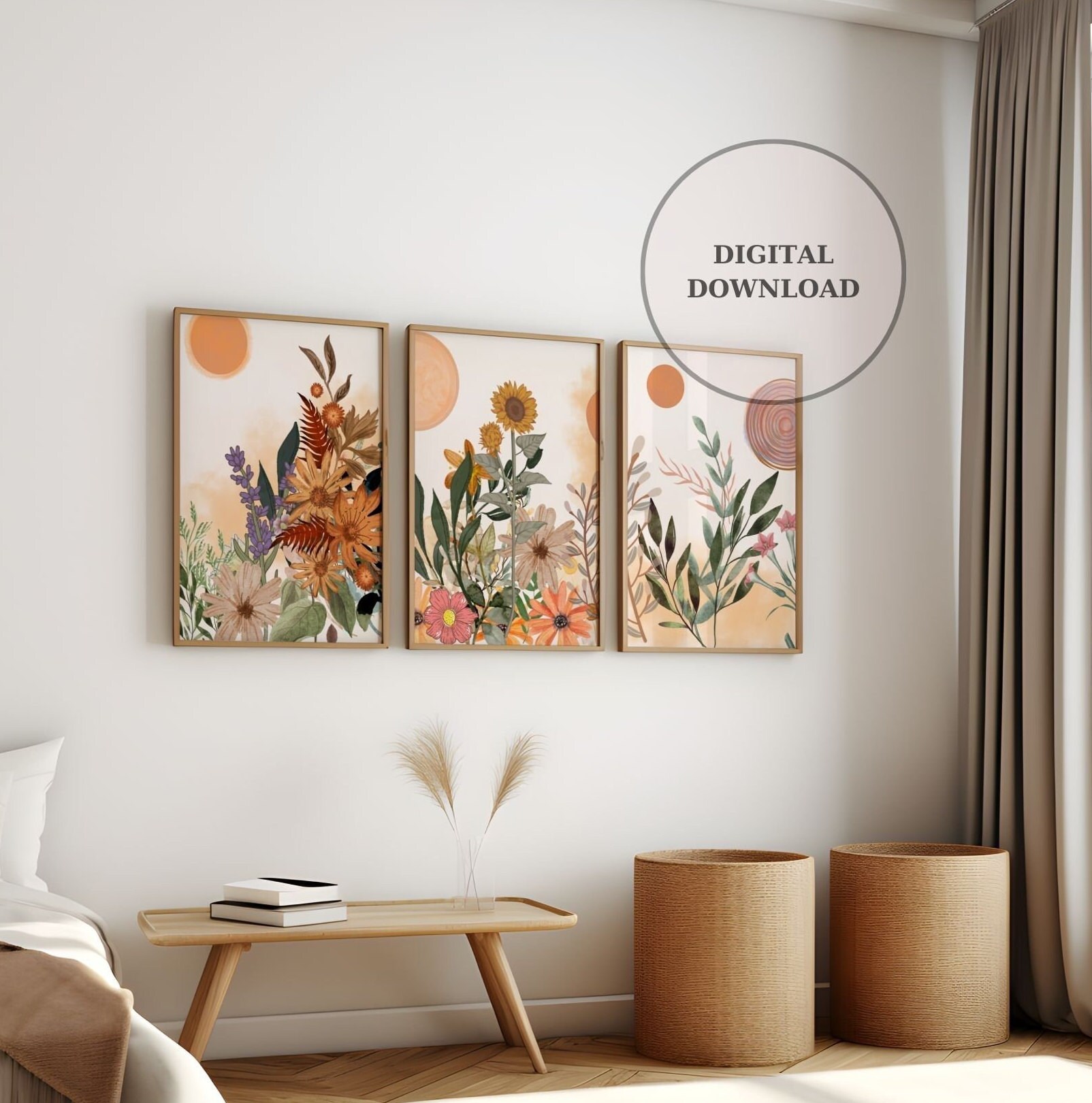 Boho Floral Poster Set, Printable Wild Flower Prints, Watercolor ...