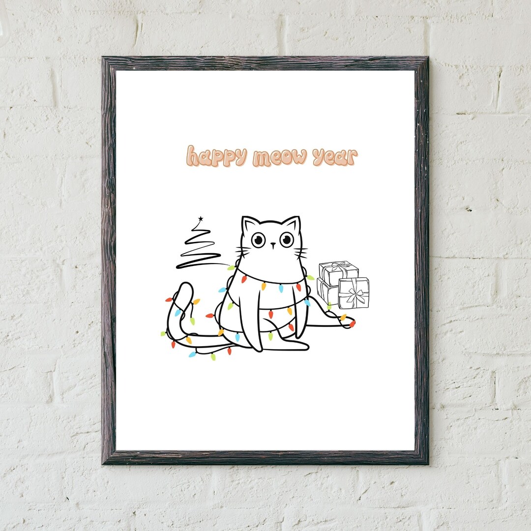 Happy Meow Year Funny Christmas Painting New Year Gift Cat - Etsy