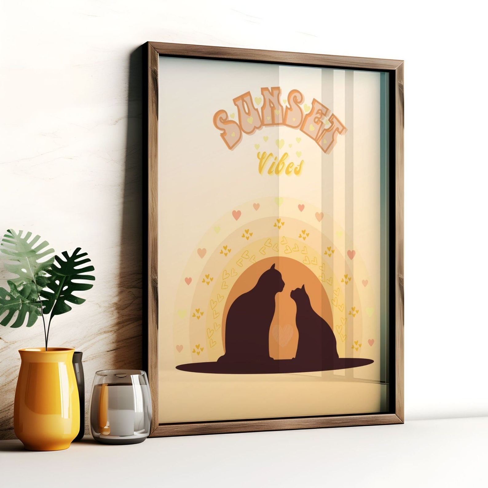 Sunset Vibes Wall Art Sunset Printable Retro Cat Decor Orange Gradient ...