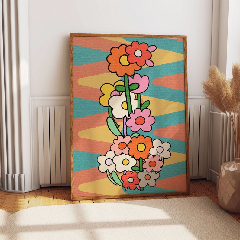 Retro Wild Flower Wall Art Groovy Floral Poster Printable Psychedelic ...