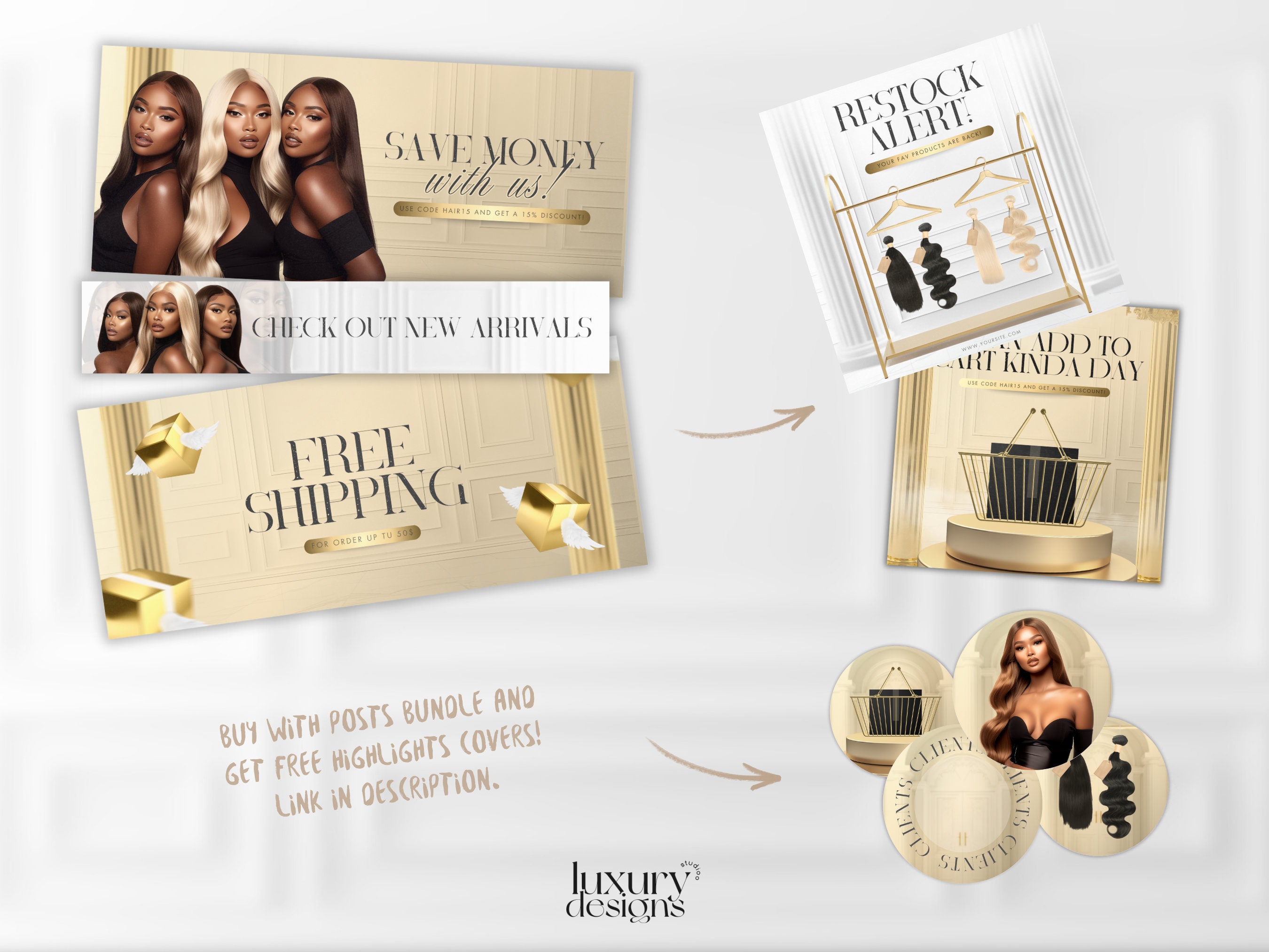 Hair Extensions Website Banner Kit: Shopify Wig Boutique Design (canva ...