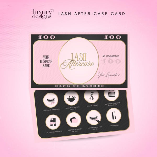 Lash Tech Aftercare Card, Canva Template, Pink and Black, Lash ...