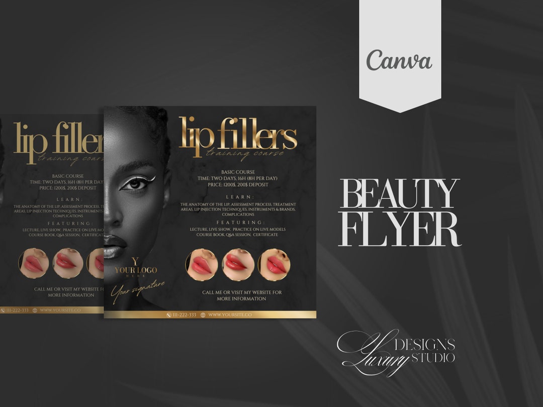 Lip Filler Masterclass Flyer: Elegant Gold & Black Canva Template - Etsy
