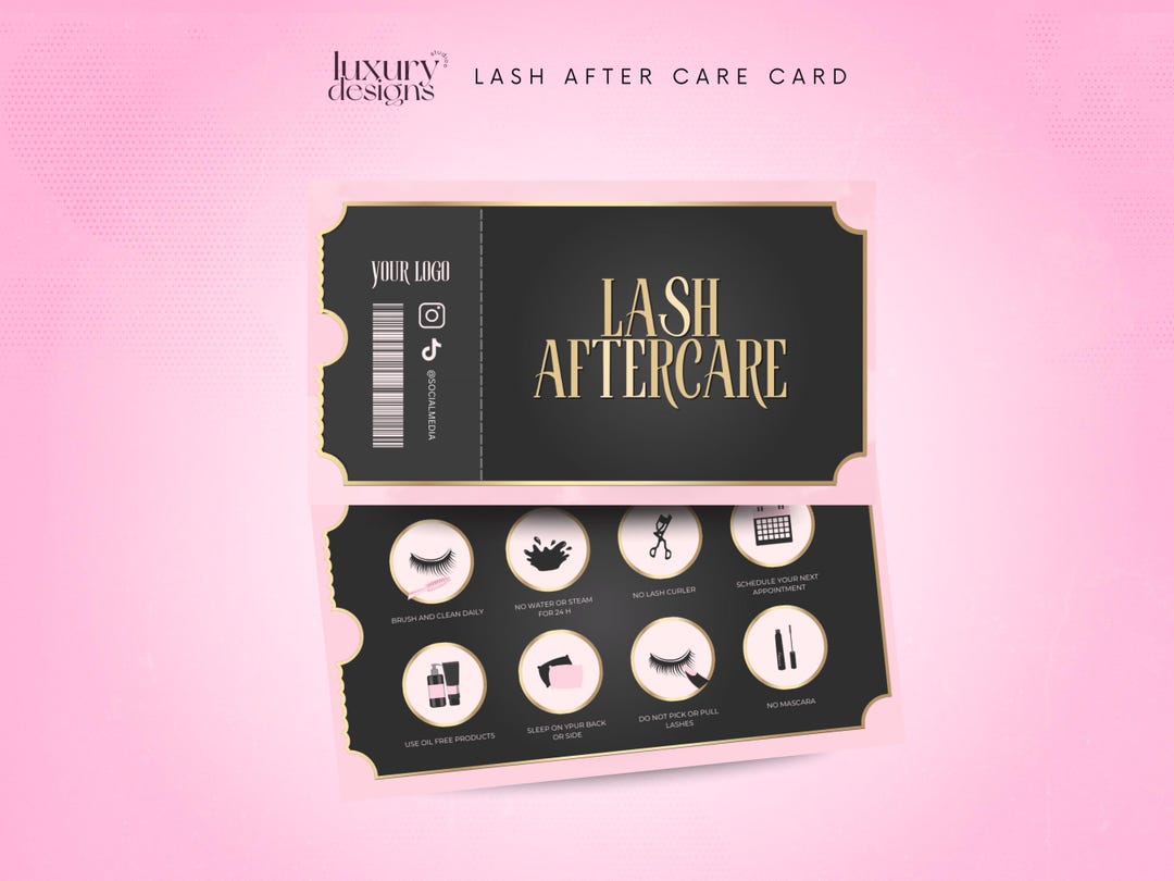 Lash Tech Aftercare Card, Canva Template, Pink and Black, Lash ...