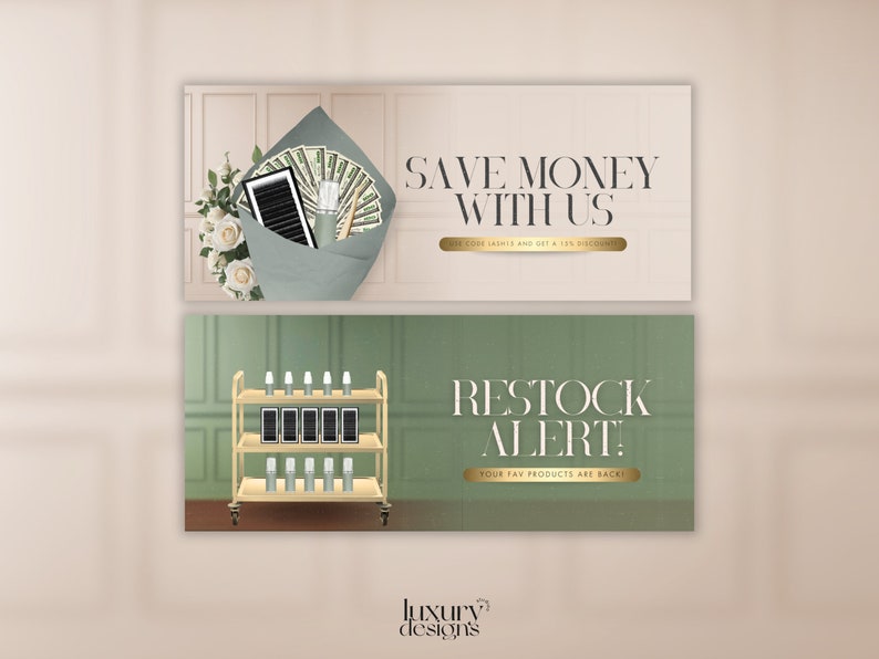 Lash Website Banner Kit: Green & Gold Shopify Templates (canva) - Etsy