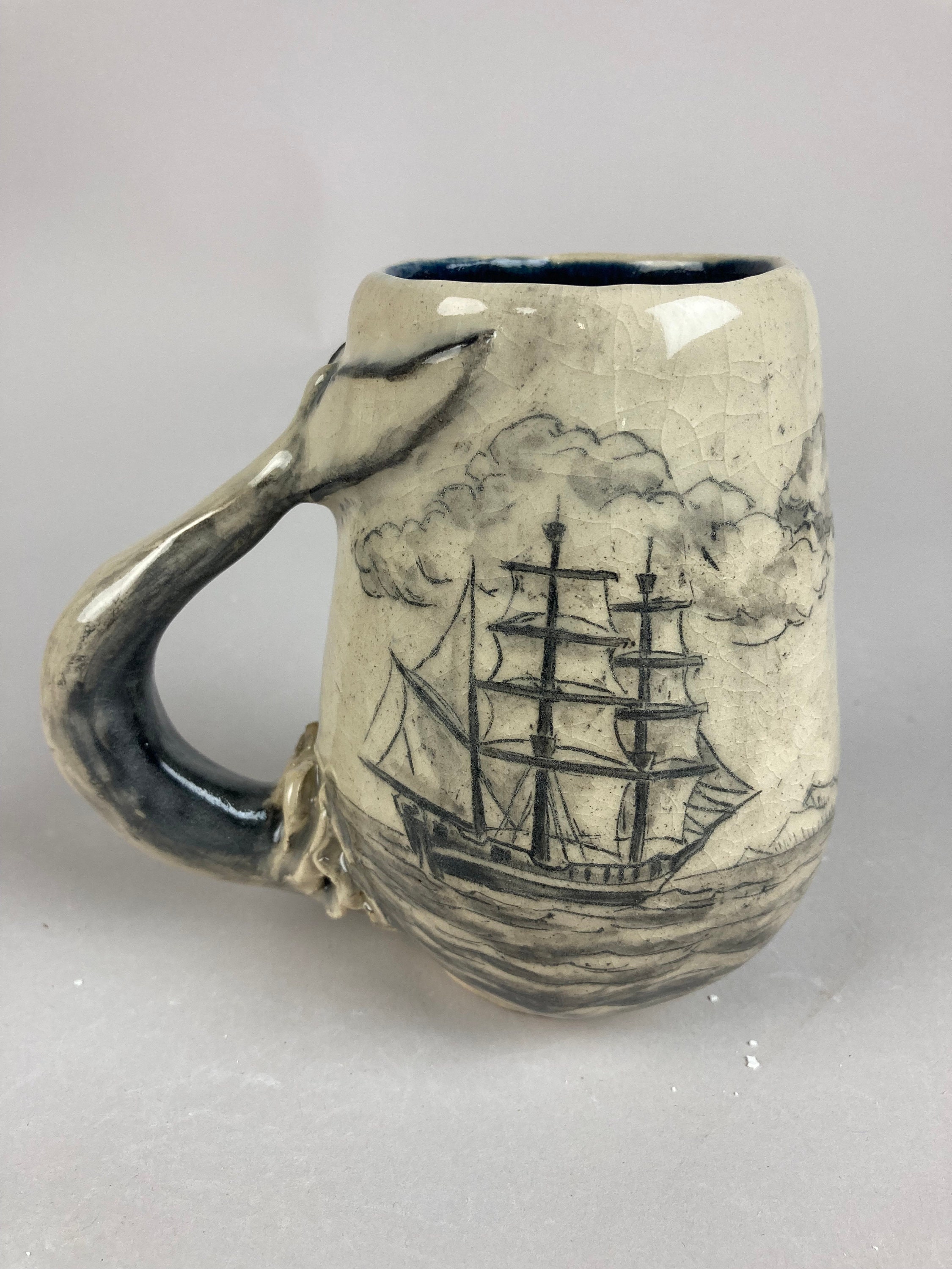 Penguins and Sailing Ship Ceramic Scrimshaw Coffee Mug Handmade Ceramic ...