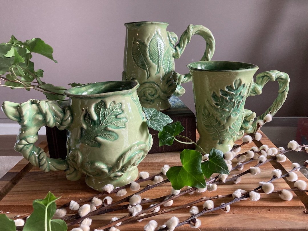 Spring Leaf Mugs- Hand Built Ceramic Cup Embossed With Handmade Leaf ...