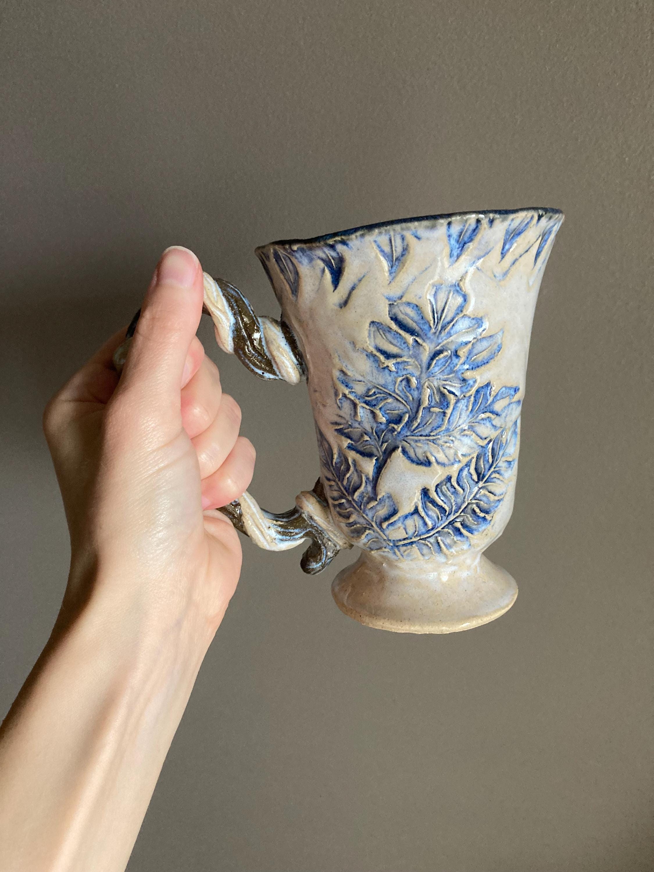 Seasonal Fern Leaf Coffee Mug Hand Built Ceramic Cup Embossed With ...
