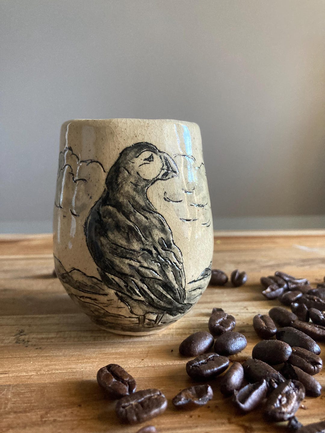 Puffin and Sailing Ship Scrimshaw Espresso Shot Glass- Handmade Ceramic ...