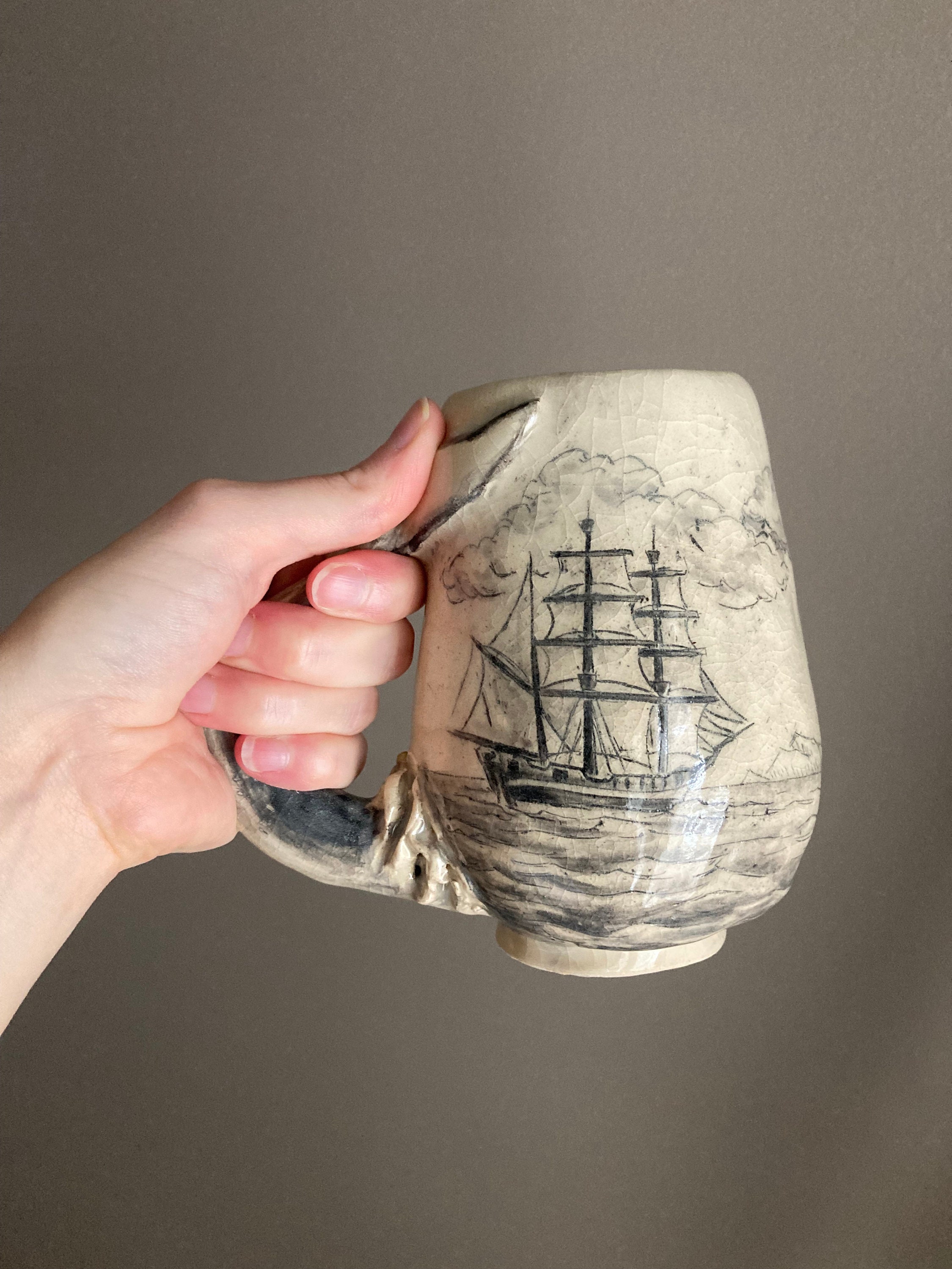 Penguins and Sailing Ship Ceramic Scrimshaw Coffee Mug Handmade Ceramic ...