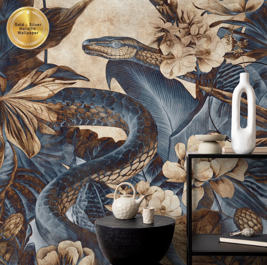 Gold Wallpaper, Metallic Snake in Jungle, Shiny Removable Non Woven ...