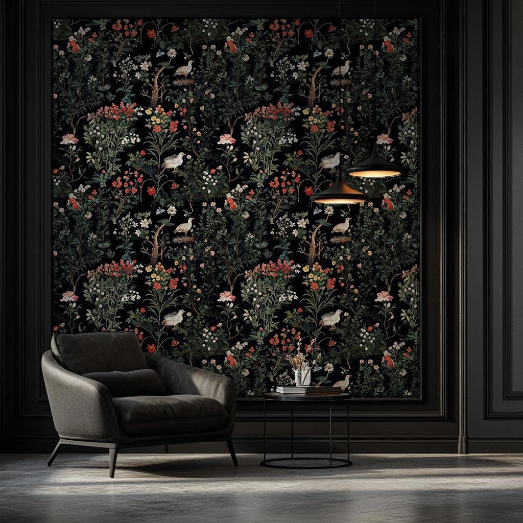 Dark Greenery Mural Wallpaper: Whimsical Botanical Peel & Stick - Etsy