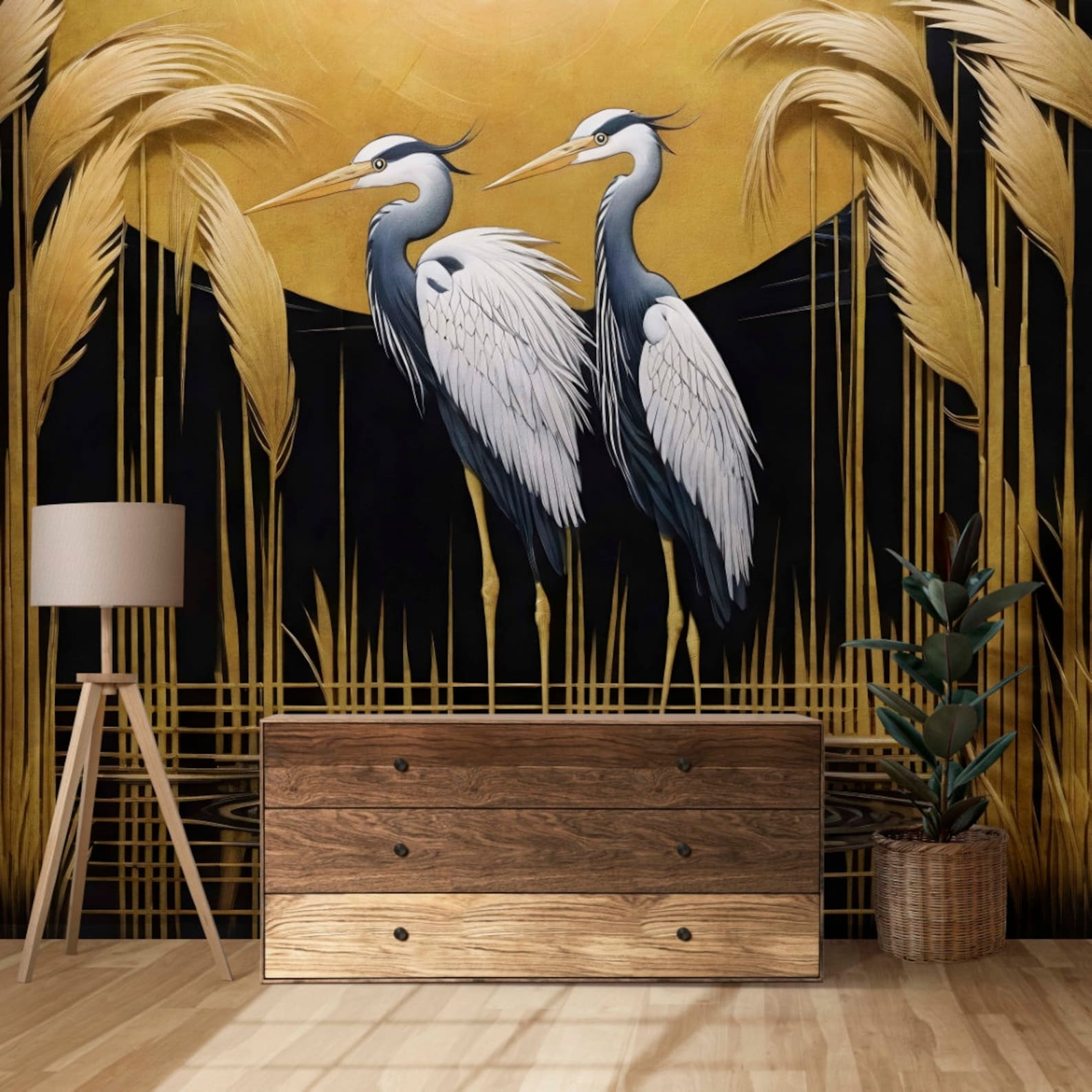 Stork Wallpaper With Gold Background Plants, Removable Peel Stick ...