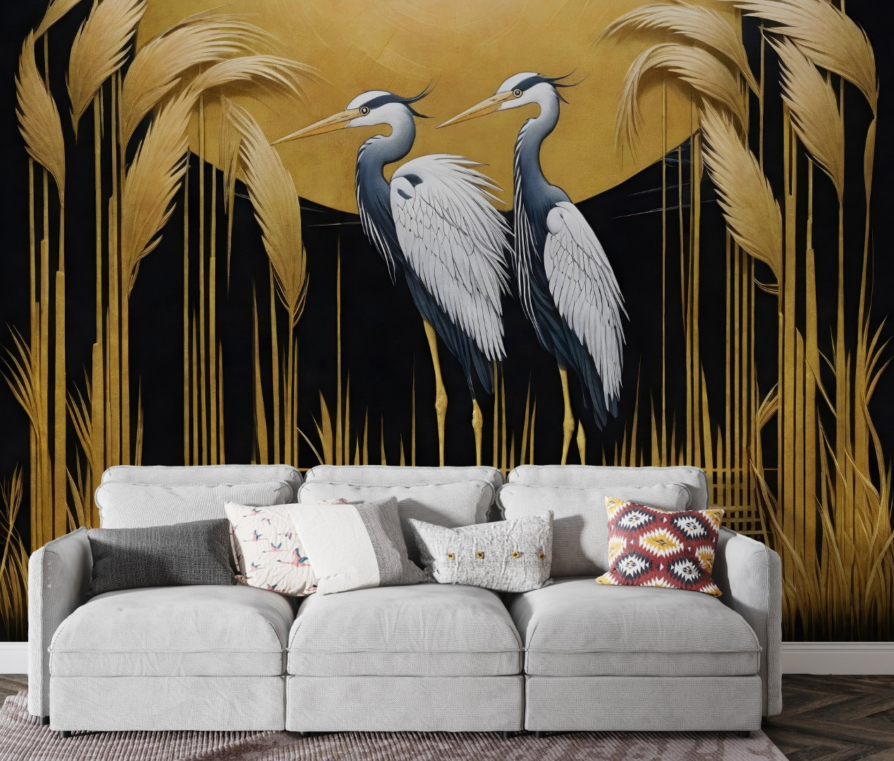 Stork Wallpaper With Gold Background Plants, Removable Peel Stick ...