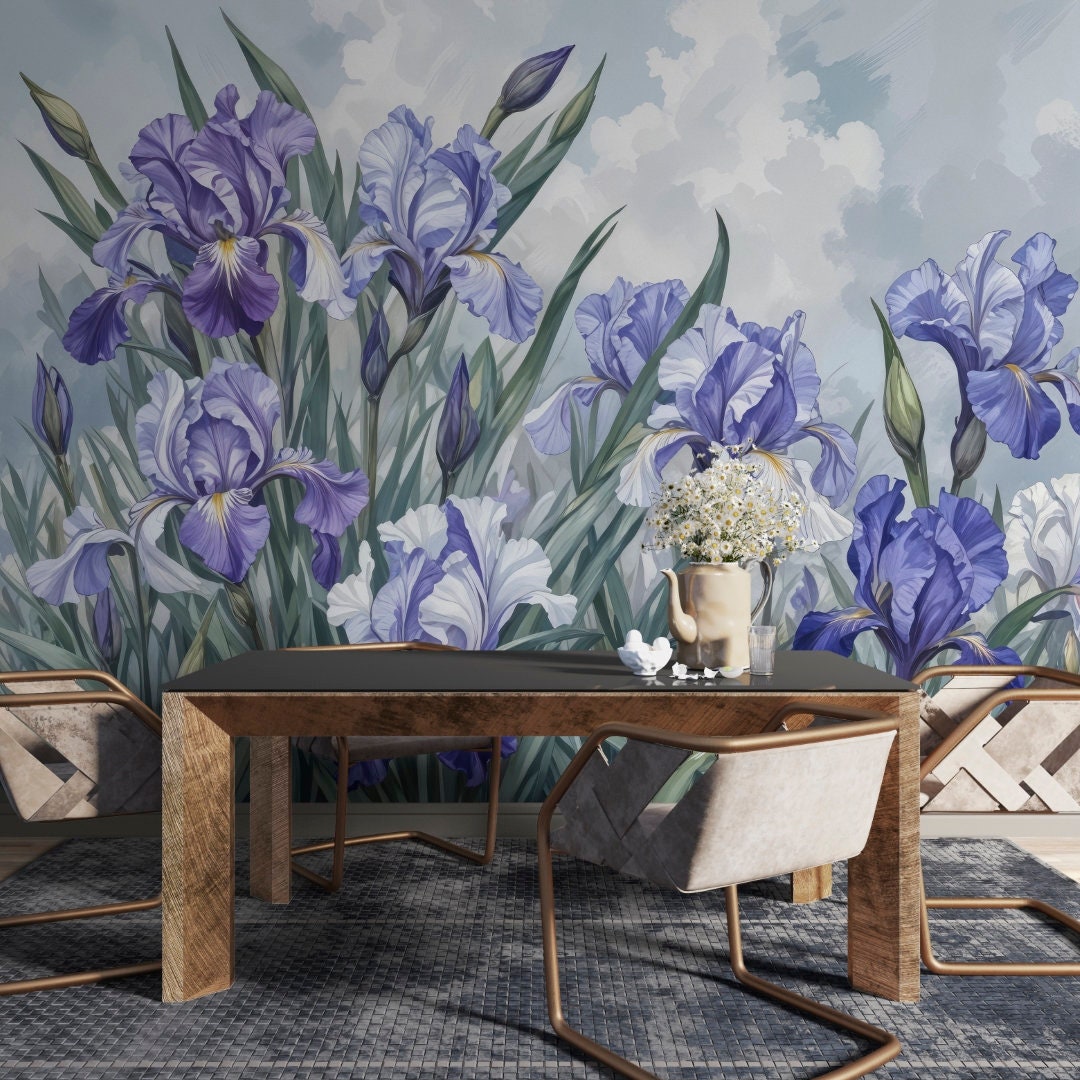 Wallpaper, Purple White Iris Flowers Field, Removable Peel Stick and ...