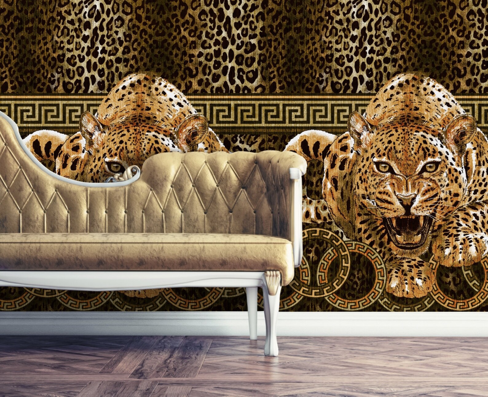 Tiger Leopard Print Wallpaper: Gold Greek Key, Removable Peel & Stick ...