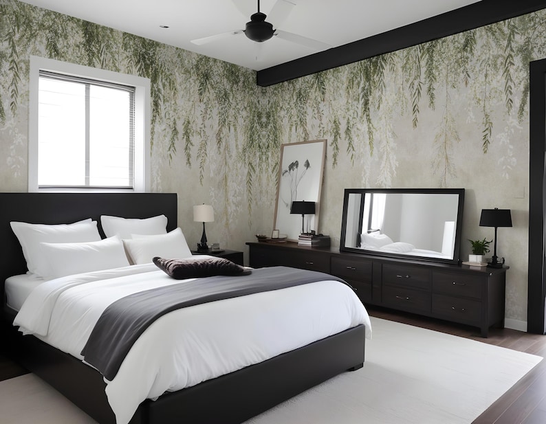 Green Hanging Leaves Peel Stick Wallpaper Mural, Removable Traditional ...